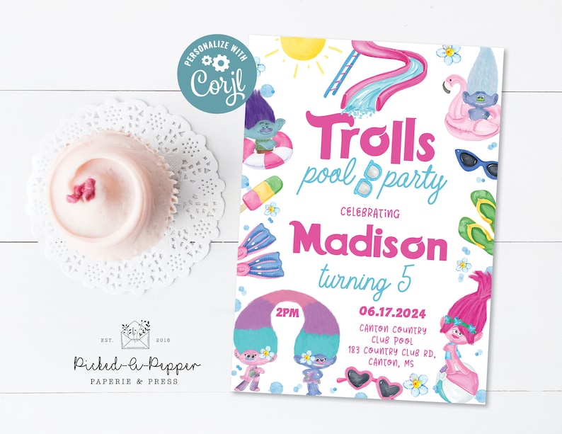 Trolls Poppy Pool Party Invitation, Trolls Birthday Invitation ...