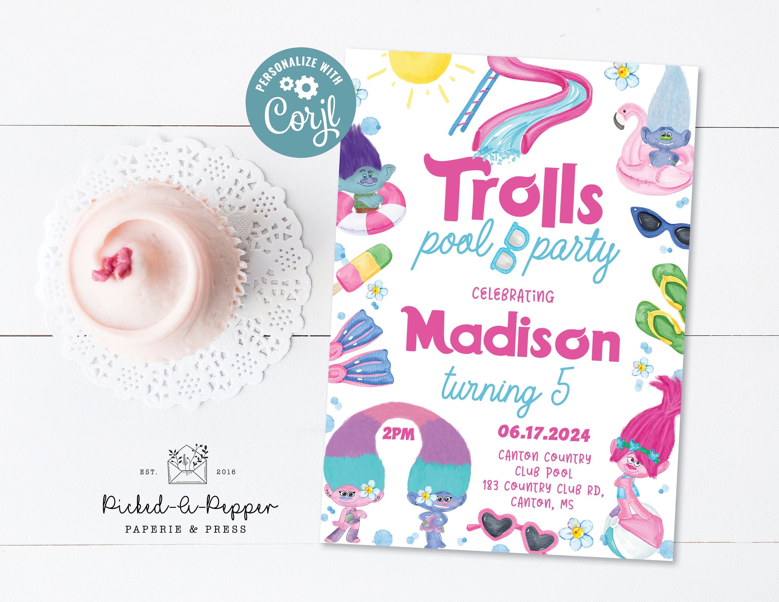 Trolls Poppy Pool Party Invitation, Trolls Birthday Invitation ...