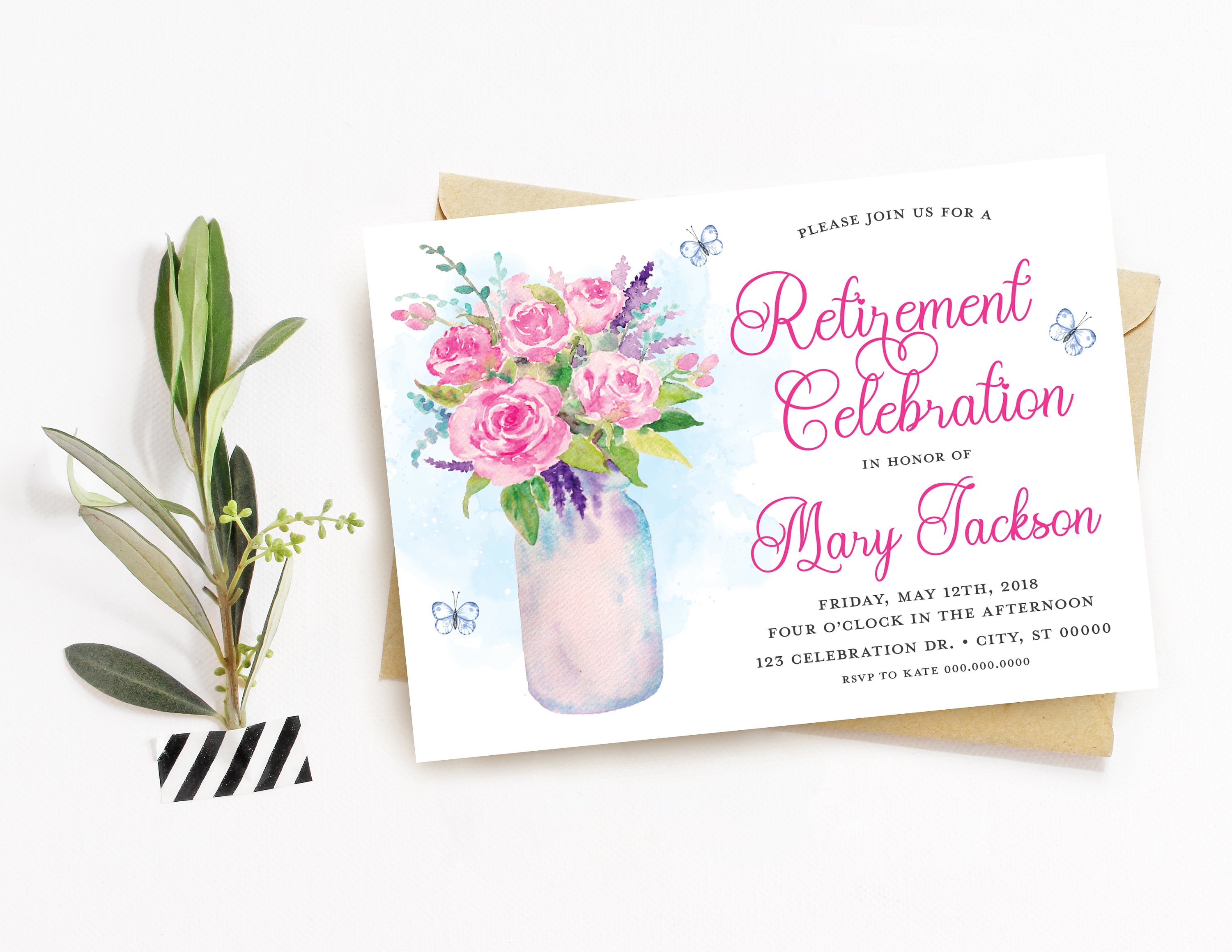 Retirement Party Invitations / Watercolor / Floral / Gold / Foil /mason ...