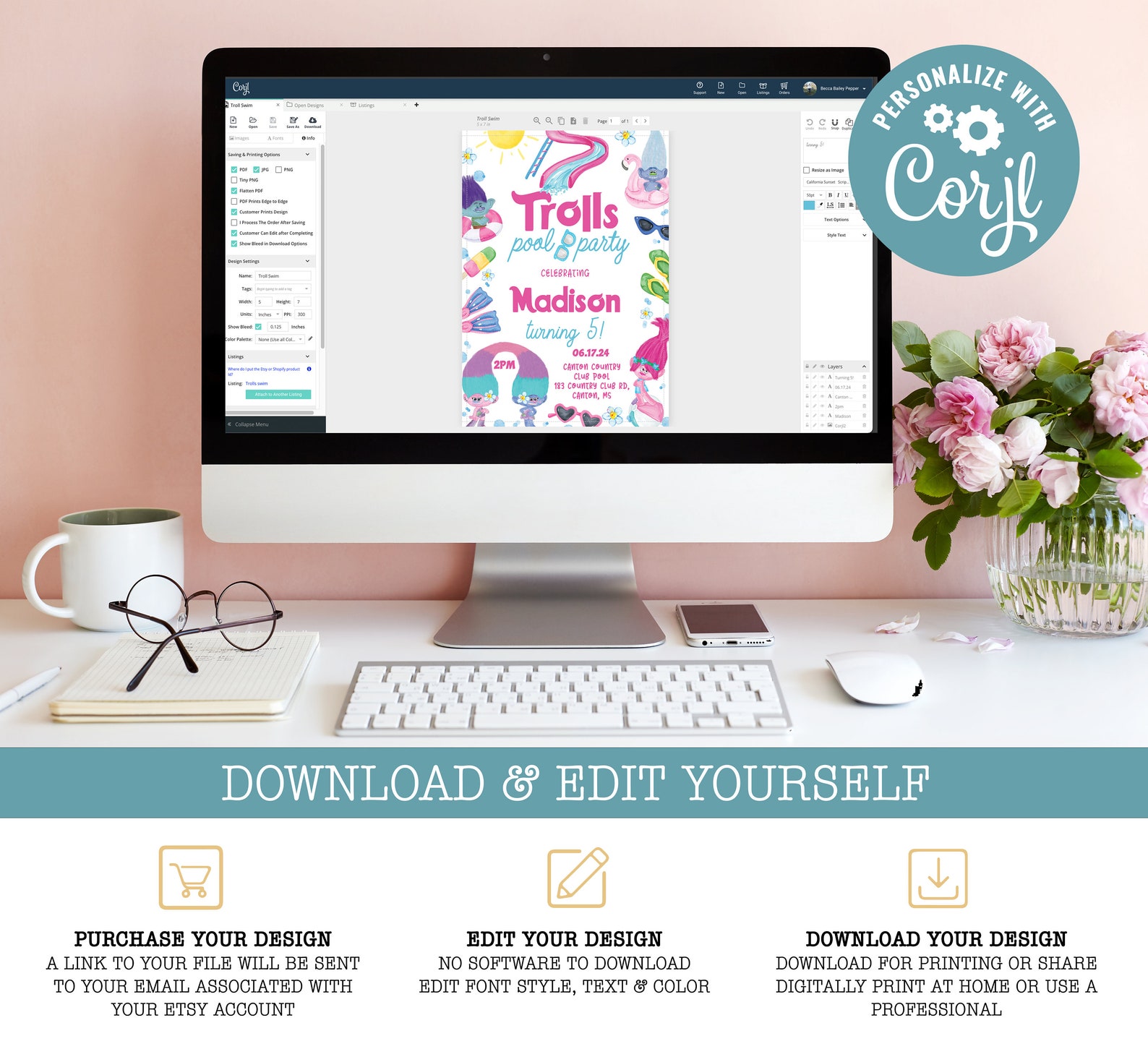 Trolls Poppy Pool Party Invitation, Trolls Birthday Invitation ...