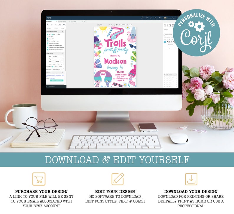 Trolls Poppy Pool Party Invitation, Trolls Birthday Invitation ...