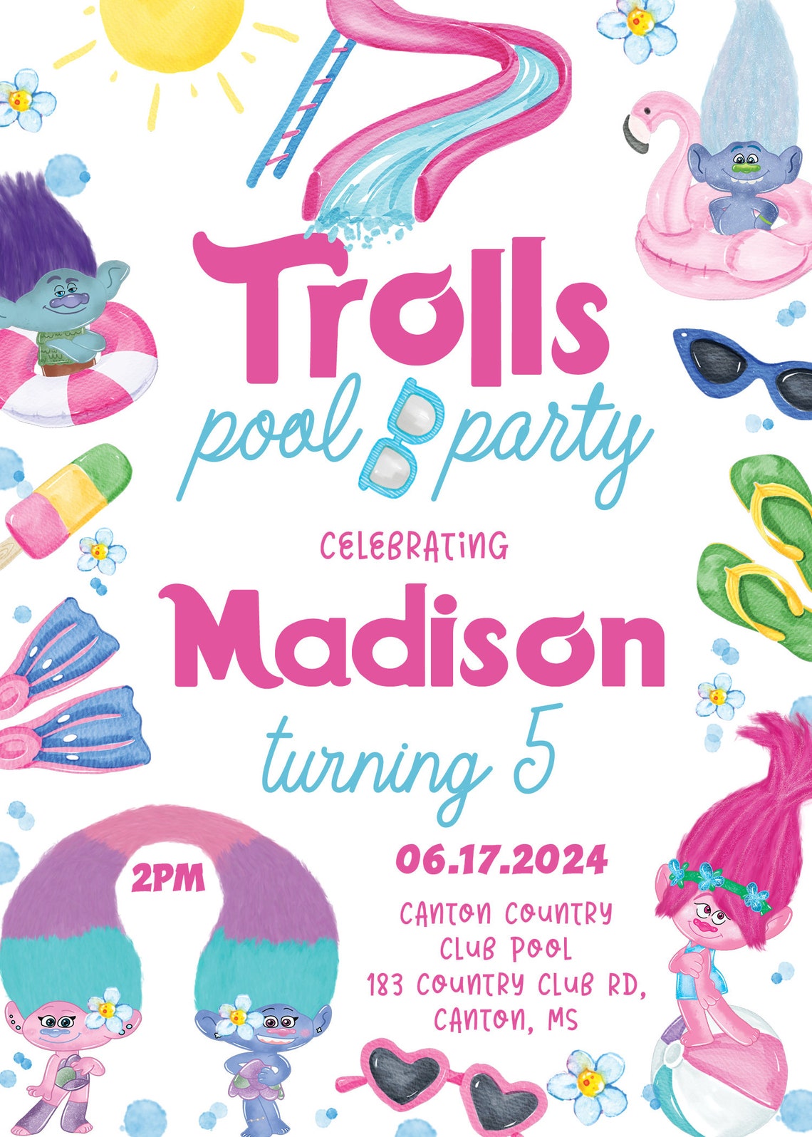 Trolls Poppy Pool Party Invitation, Trolls Birthday Invitation ...