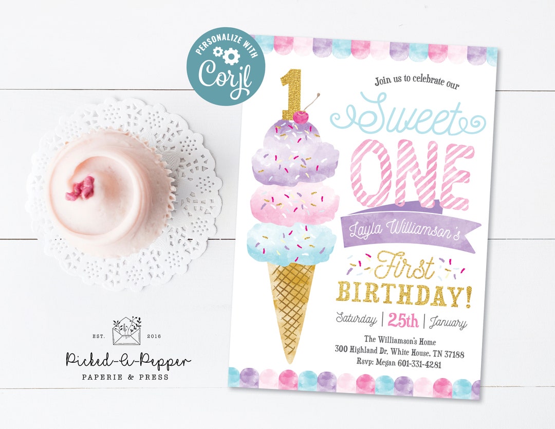 Sweet One Ice Cream Birthday Invitation - Ice Cream and Sprinkles Party ...