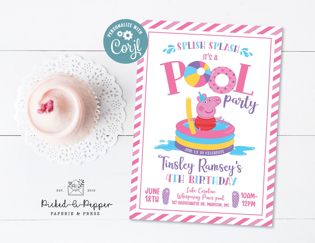 Editable Peppa Pig Pool Party Invitation, Peppa Pig Swim Party, Peppa ...