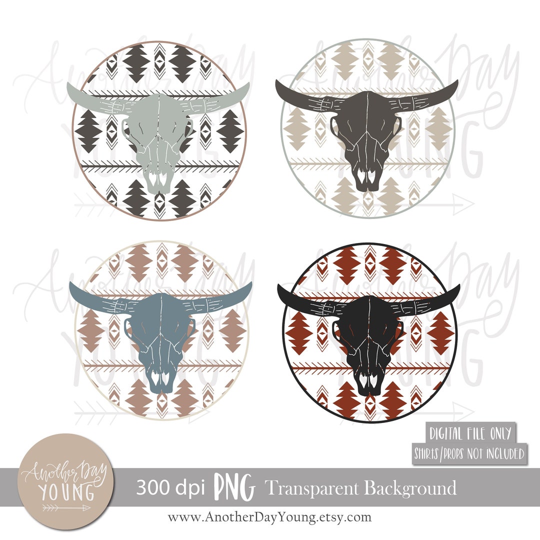 Bundle of 4 Boho Aztec Longhorn Bull Skull PNG Svg, Retro Western Png ...