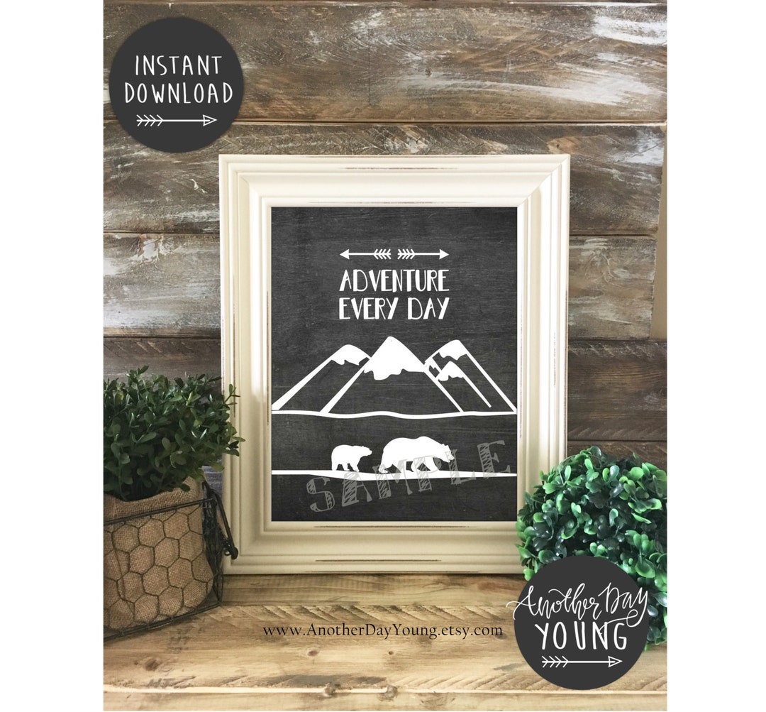 Adventure Every Day, Wilderness, Bear and Mountain Range. Chalkboard ...