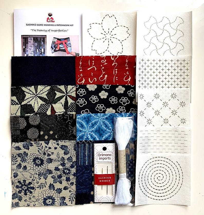 Slow Stitching Sashiko Boro Mending & Patchwork Kit #355D: 8 Piece ...