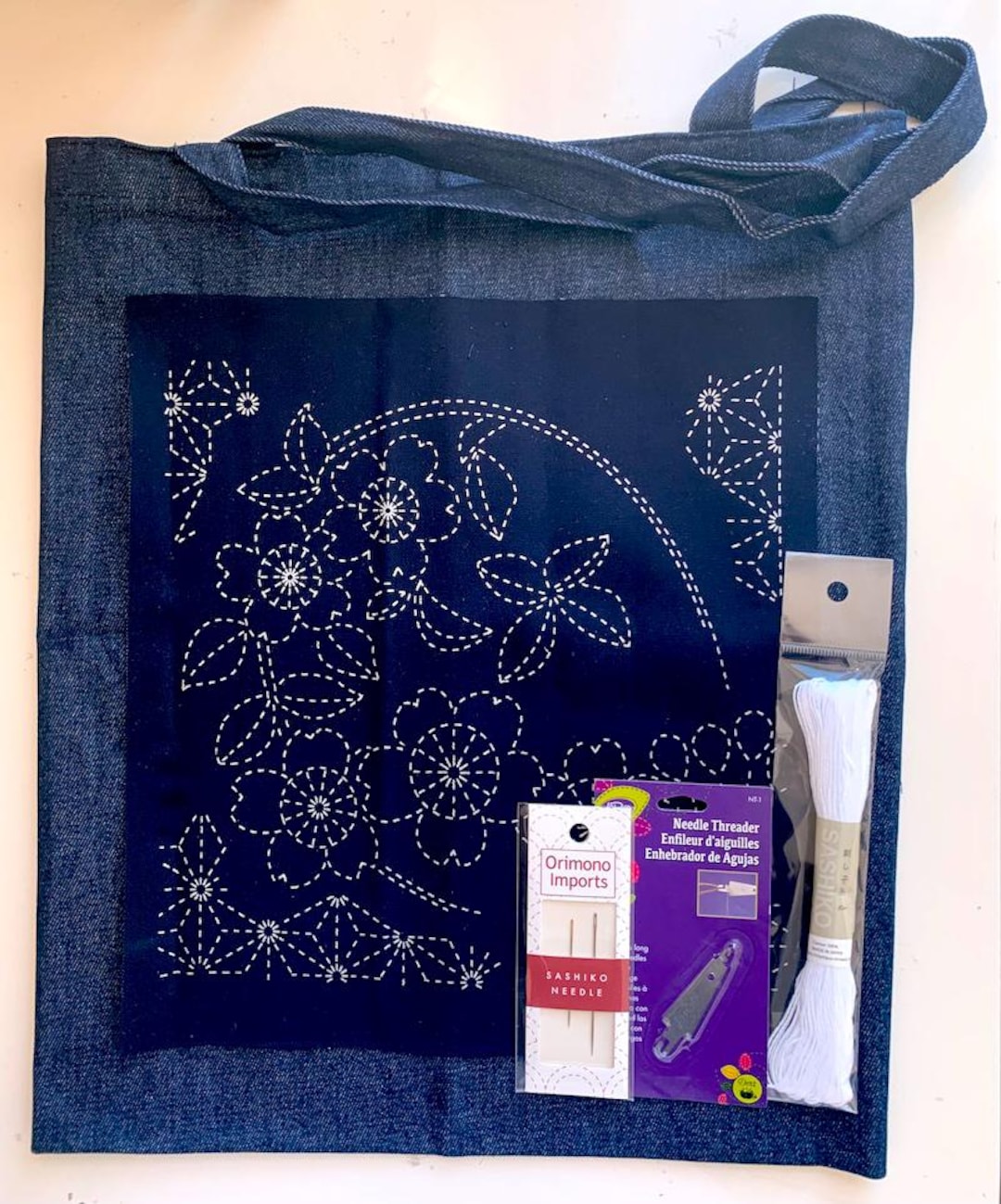 Easy DIY Sashiko Cherry Blossom Denim Tote Bag Kit - Tote, Sashiko ...
