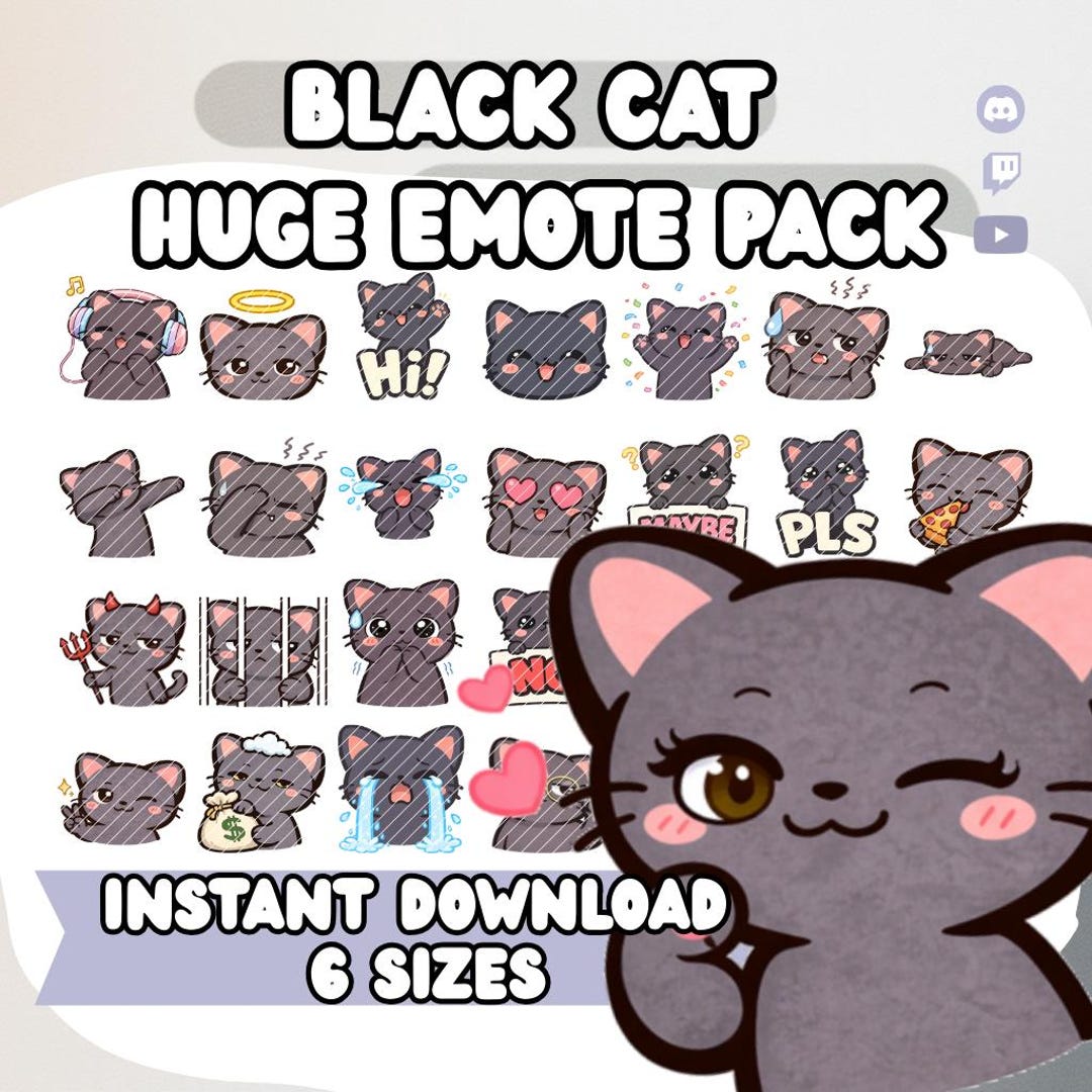 Kawaii Black Cat Twitch Emotes Pack | Pastel Stream Icons (digital ...
