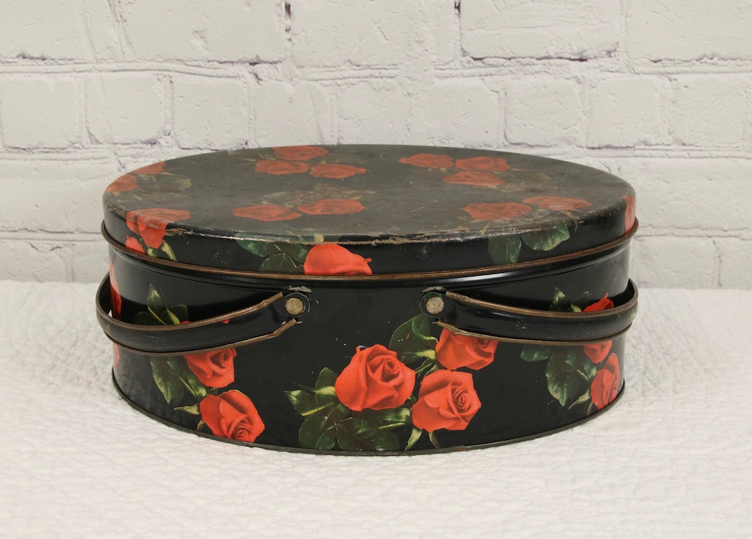 Vintage Floral Oval Tin With Handles and Lid, Black Tin With Red Rose ...