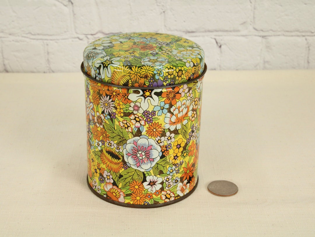 Decorative Floral Tin Canister, Bright and Colorful Vintage Round Tin ...