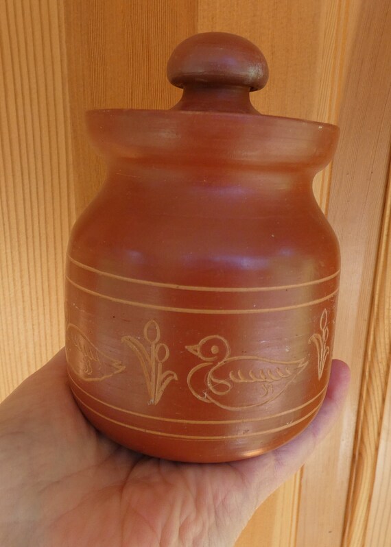 Vintage Small Clay Pottery Jar Container with Birds Ducks and | Etsy