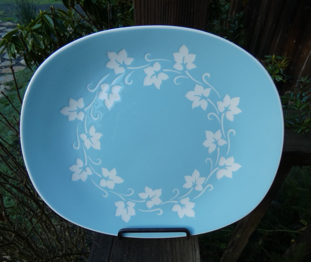 Vintage Harkerware Blue Platter Ivy Pattern 1960's Pottery Pretty Oval ...
