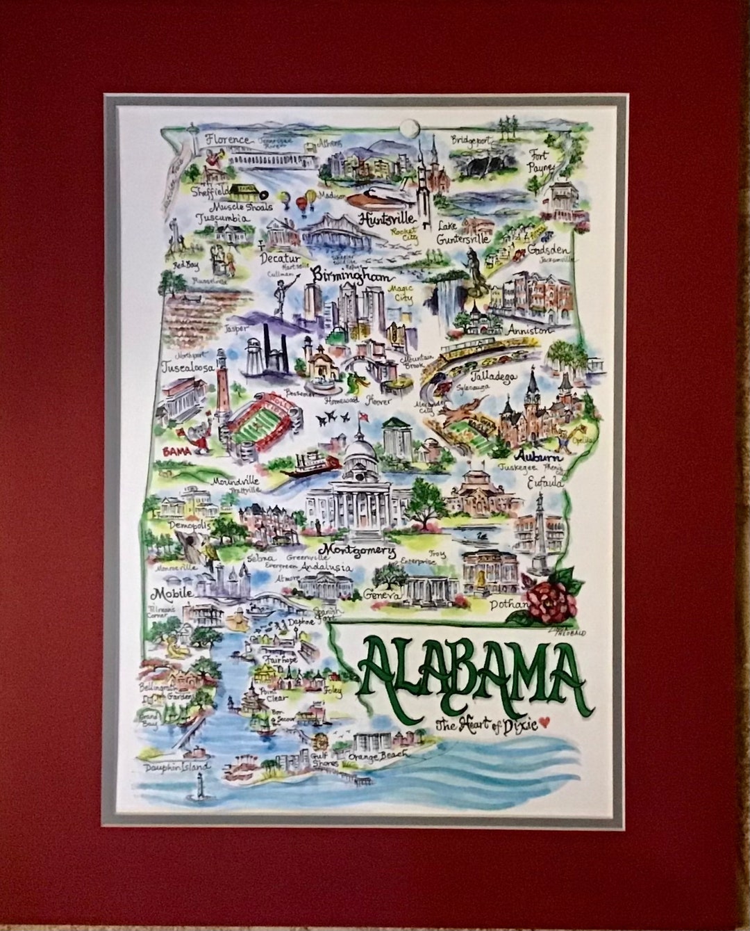 State of Alabama Signed and Numbered Pen and Ink Watercolor Print by ...