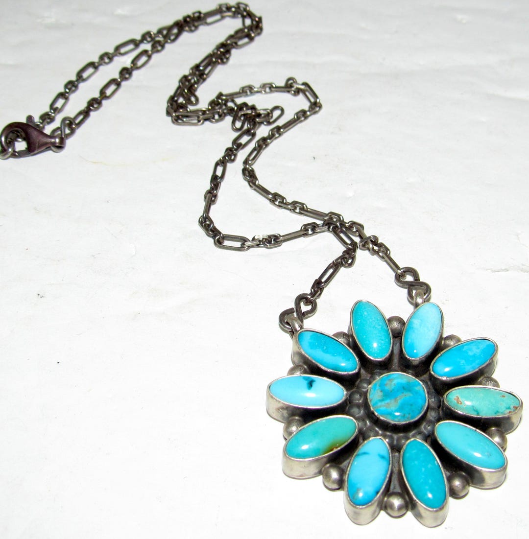 Navajo Blue Royston Turquoise Cluster Bar Necklace Sterling Silver B ...