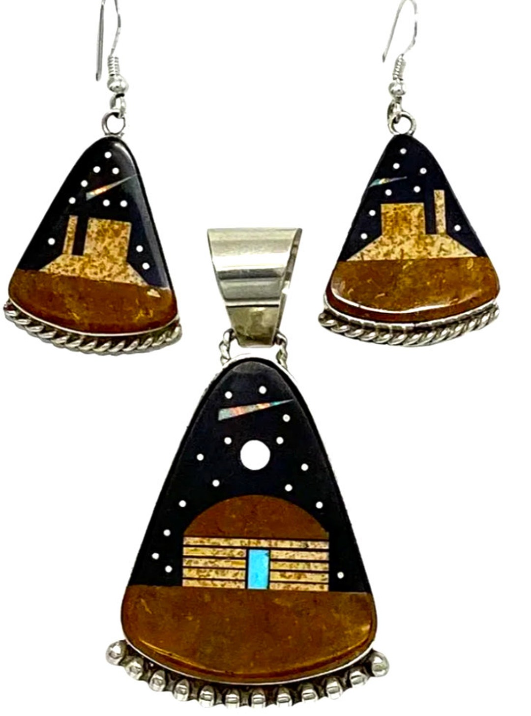 Navajo Calvin Desson Inlay Jet, Turquoise, Opal Earrings Pendant Set - Etsy