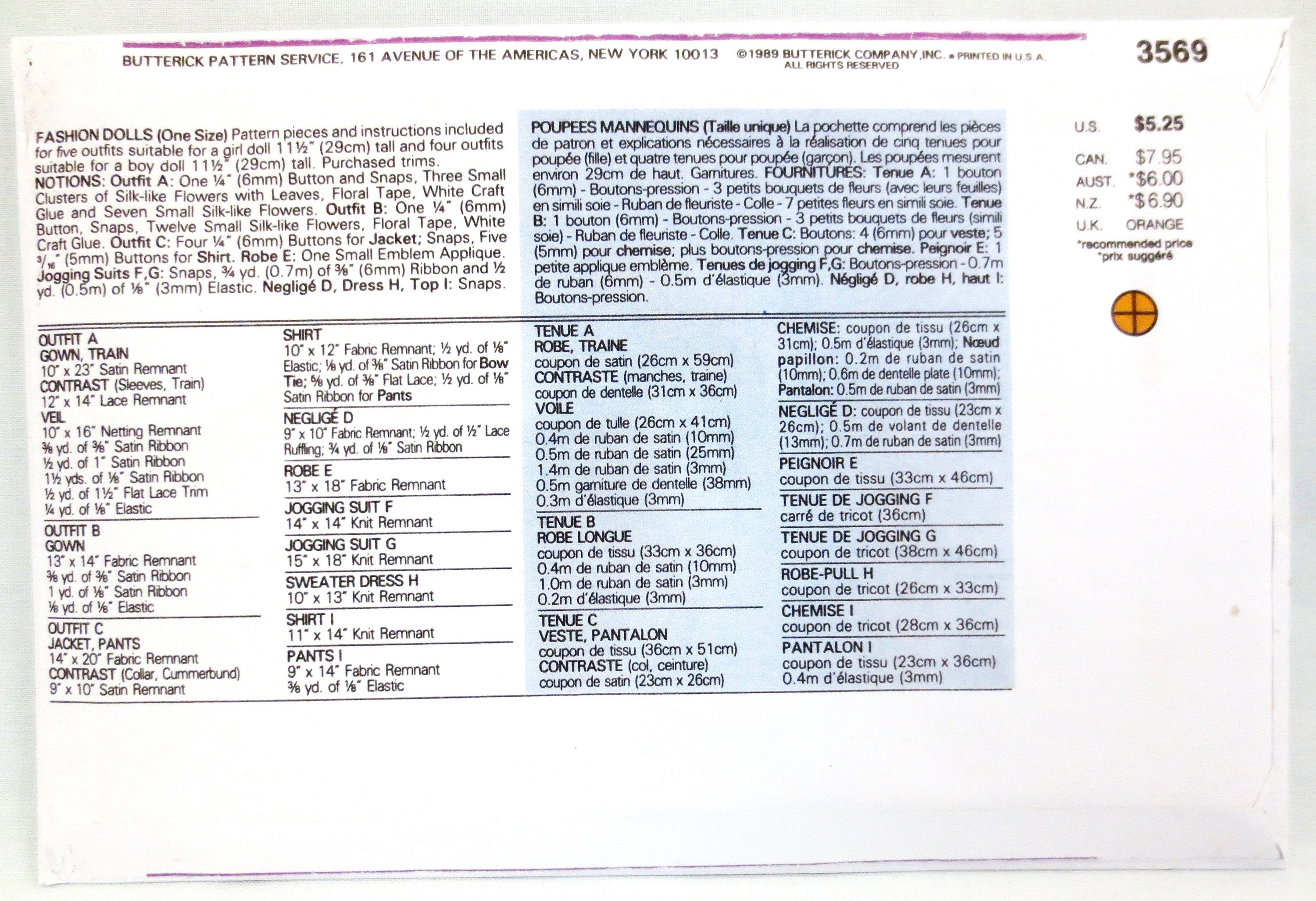 Butterick 3569 Barbie & Ken 11-1/2 Fashion Doll Wardrobe - Etsy