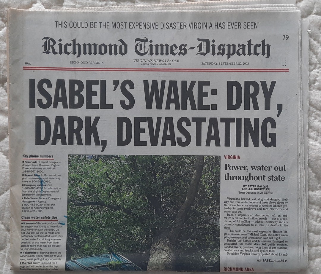 Richmond Times Dispatch Hurricane Isabel Newspaper September 9, 2003 - Etsy