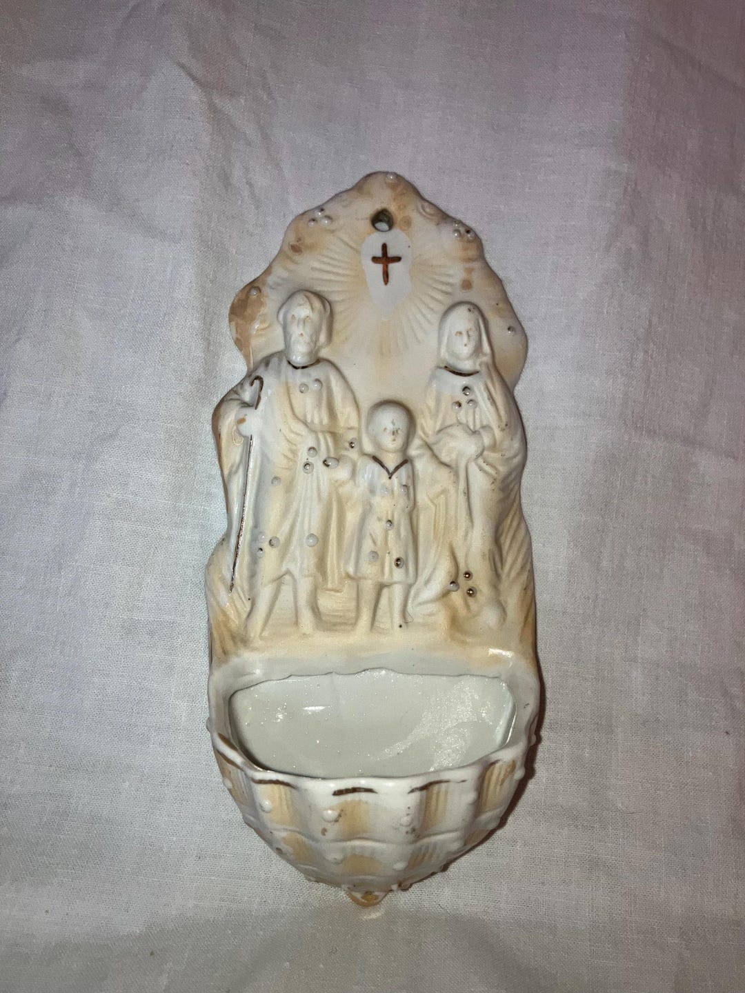 Antique Ceramic Holy Family Water Font, Gold Gilt Bisque Porcelain Made ...
