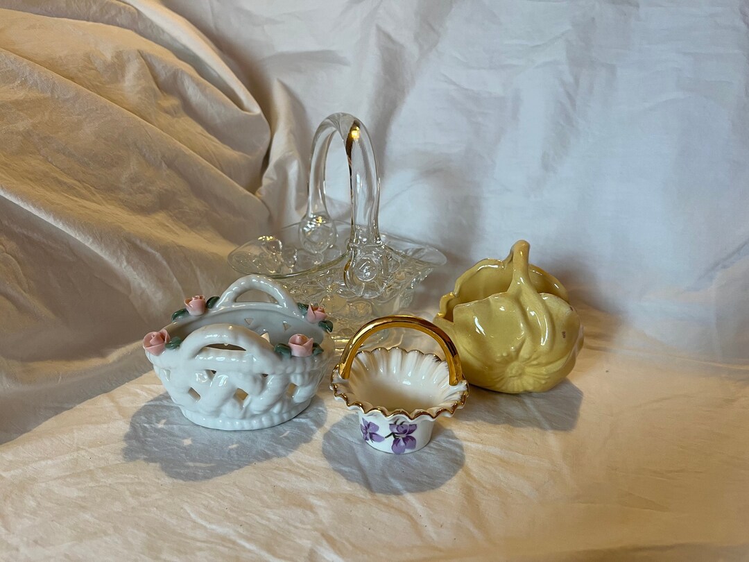 Vintage Spring Floral Basket Decorations - Glass and Ceramic, Set of 4 ...