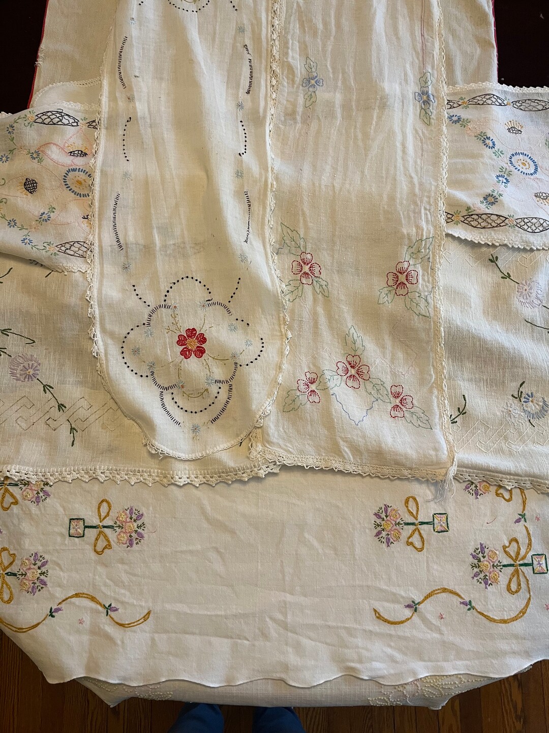 Vintage Embroidered Linen Tablecloths, Runners, Covers - Set of 9 With ...