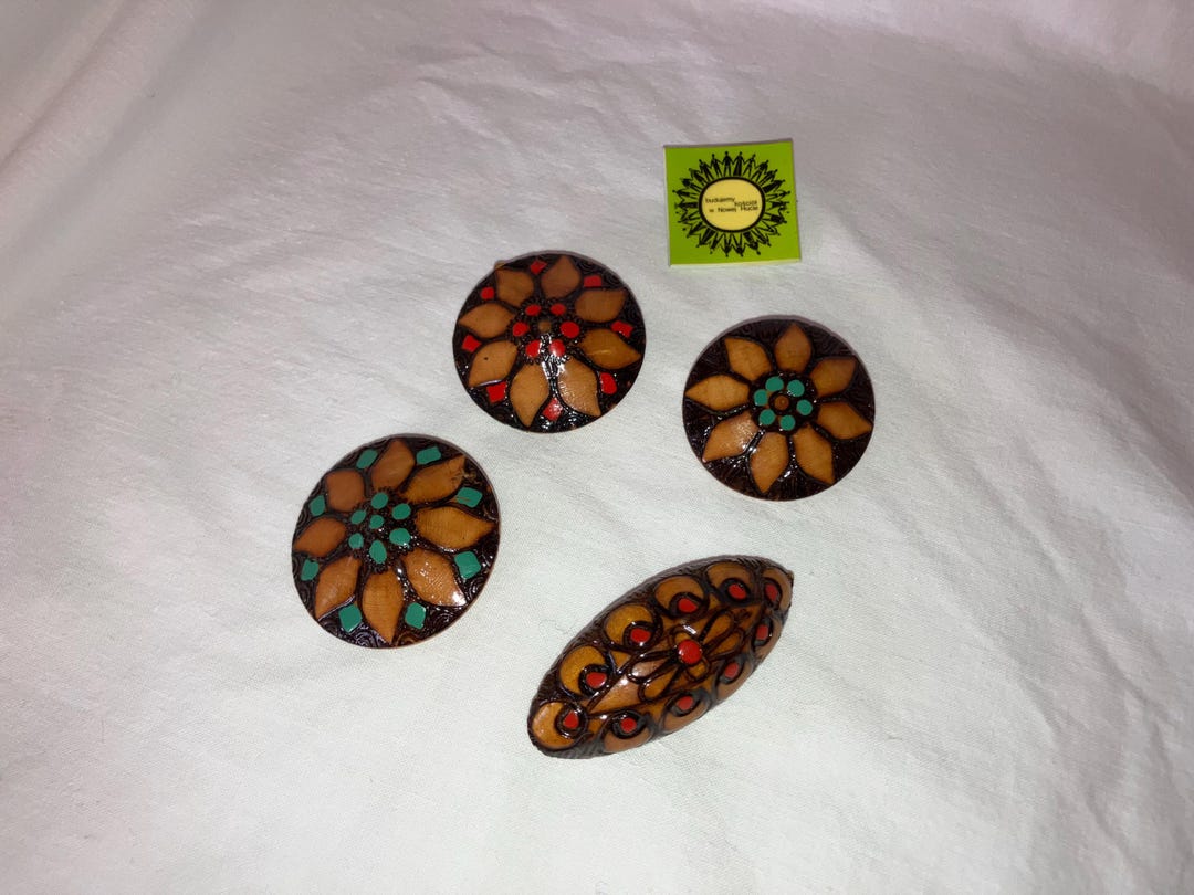 Vintage Polish Church Fundraising Pins, Set of 4, Carved Tribal Folk ...