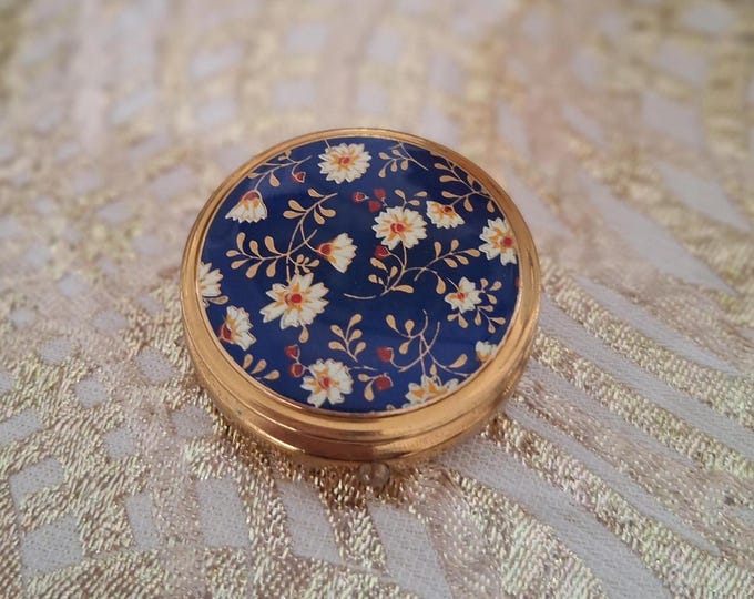 Pillbox KIGU Gold Tone Vintage Pillbox Blue and White Floral Made in ...