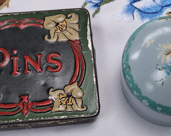 Two Vintage Sewing Pin Tins Taylors Pin Box Darner Regd Blue Floral ...