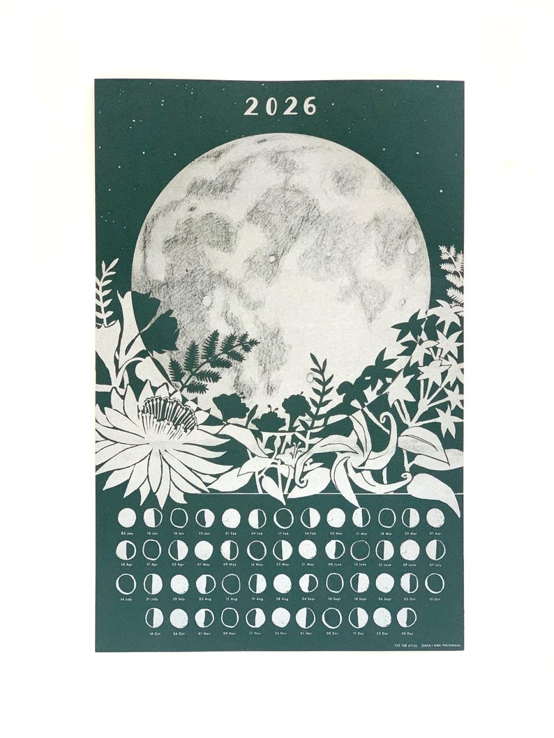 2026 Lunar Calendar Poster, Silver Moon Art Screenprint, Northern ...