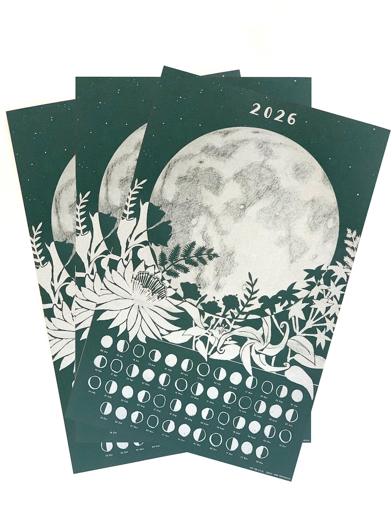 2026 Lunar Calendar Poster Set of Three, Moon Phase Art, Dark Green ...