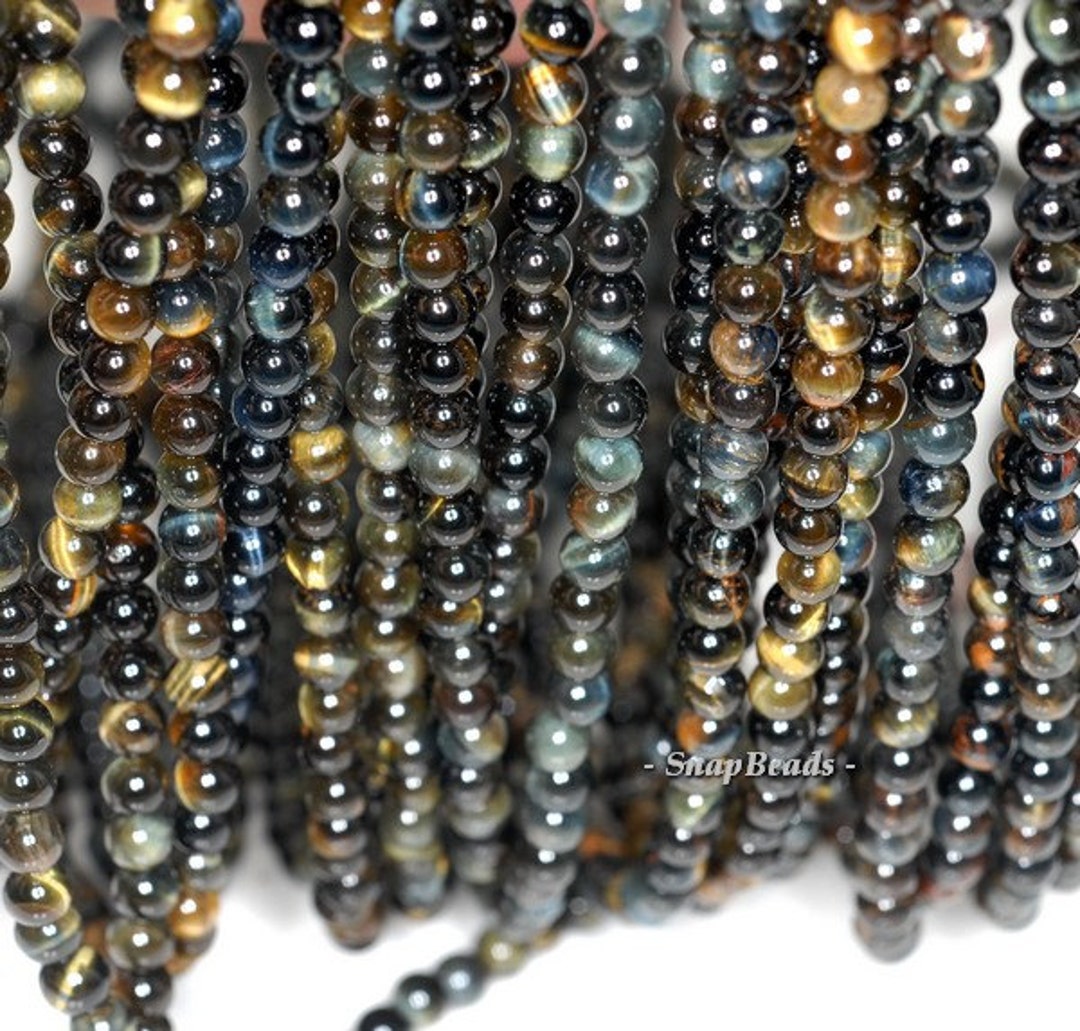 4mm Genuine Blue Tiger Eye Hawk Eye Gemstone Grade AAA Gold Blue Round ...