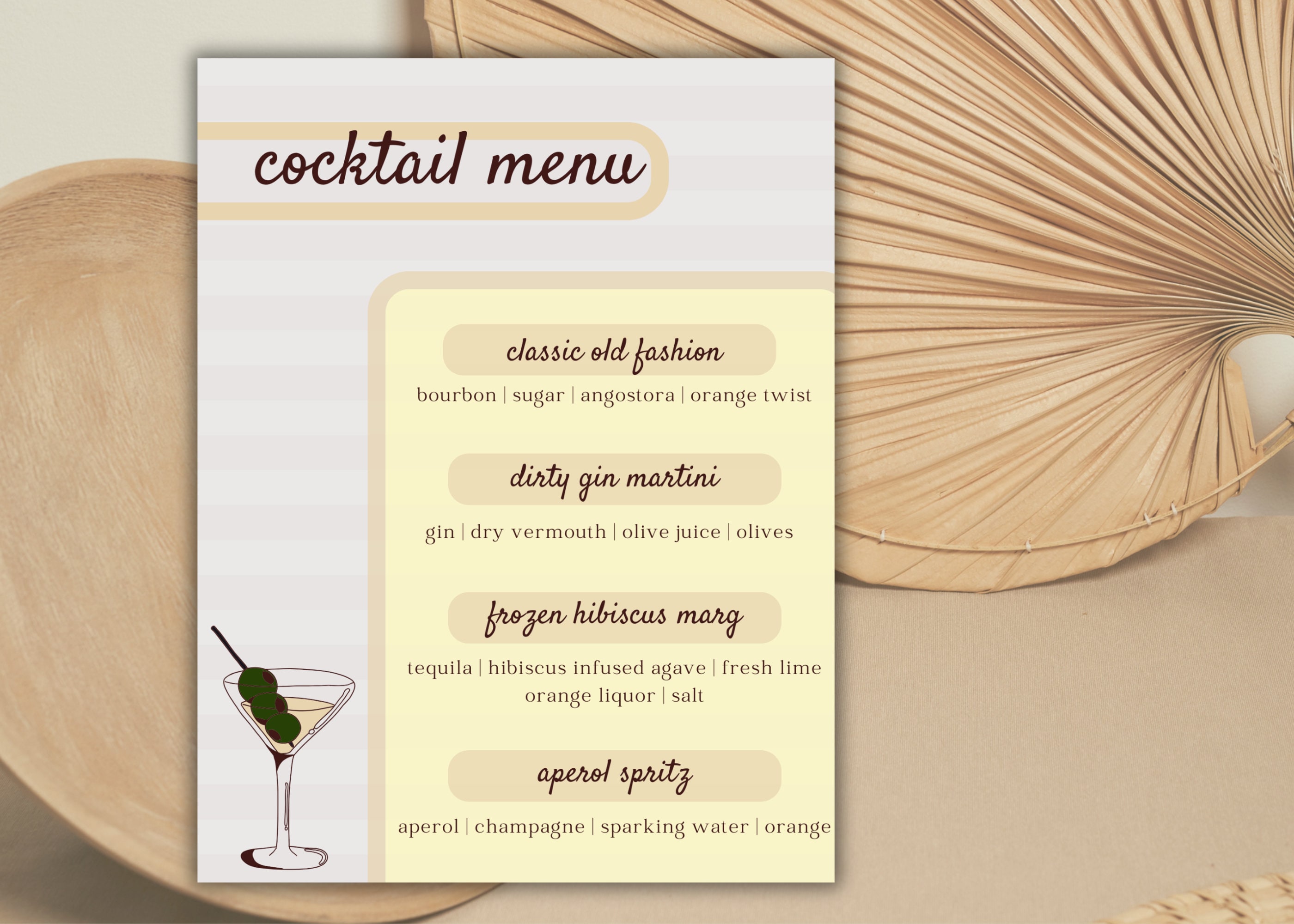 Plantilla de menú de cócteles de boda, menú de boda moderno, menú de ...