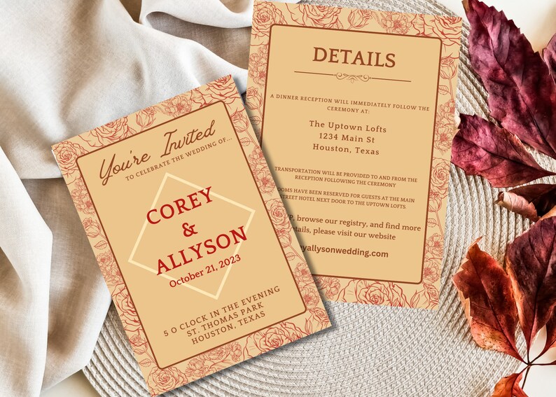 Boho Wedding Invitation Template Fall Wedding Invitation - Etsy