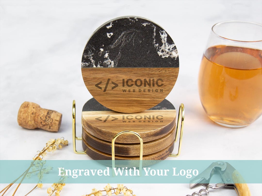 Custom Logo Coasters With Holder, Marble and Wood Coasters Personalized ...