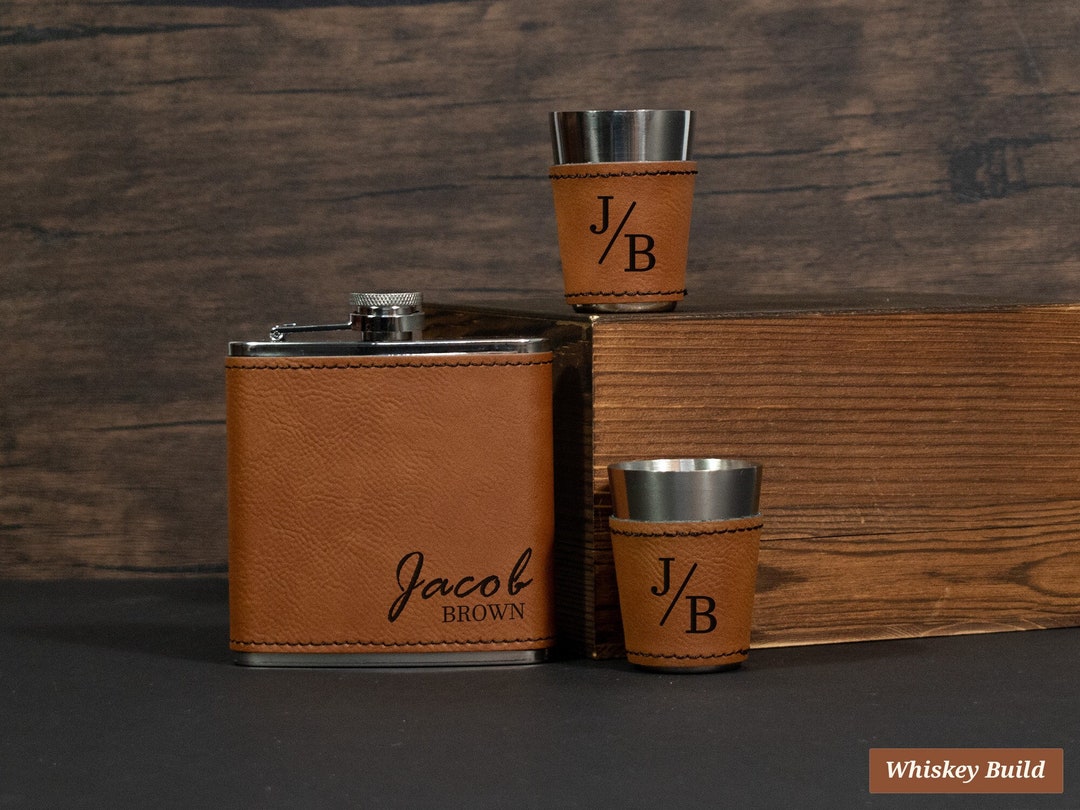 Personalized Flask and Shot Glass Set, Faux Leather Hip Flask for ...