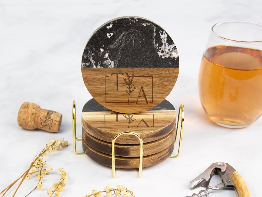 Marble Coasters Personalized, Custom Coasters Set, Marble Wood Coasters ...