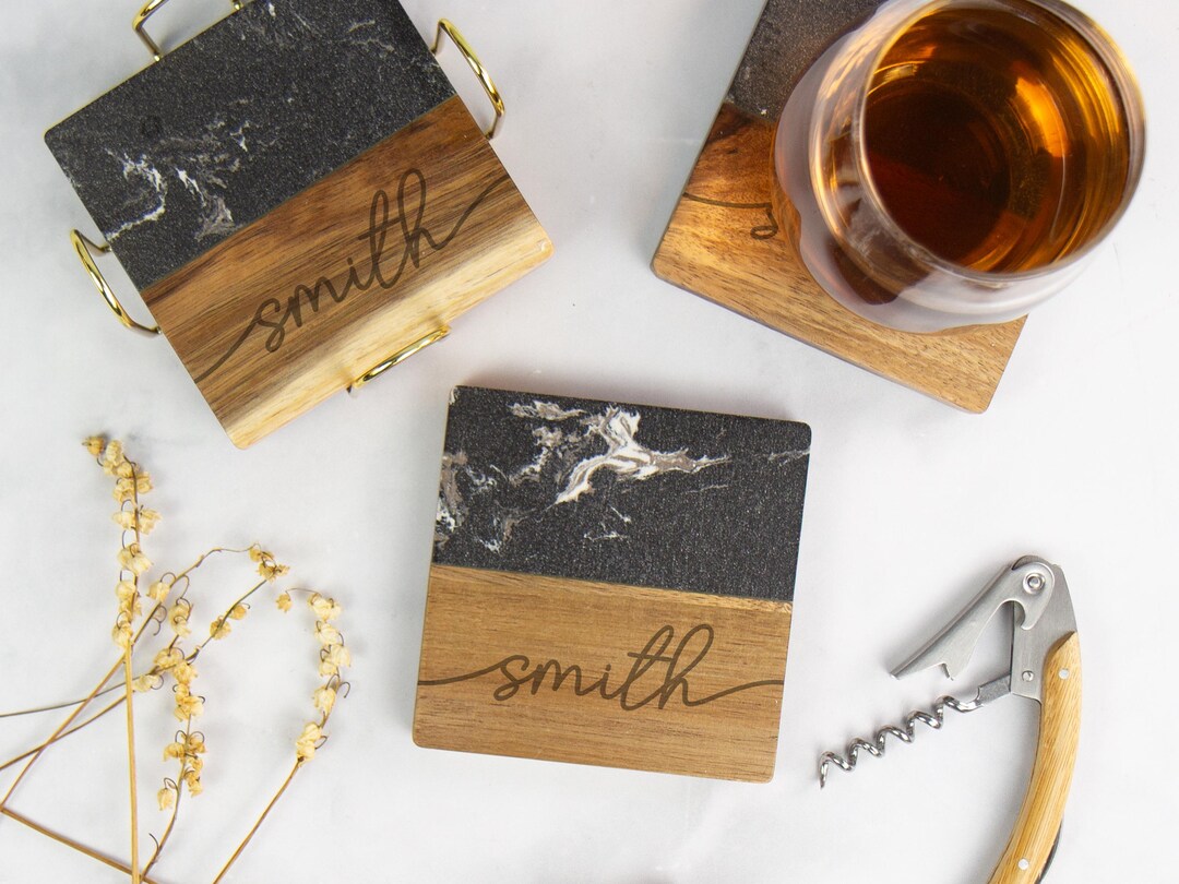 Custom Marble and Wood Coasters, Personalized Coasters Set With Holder ...