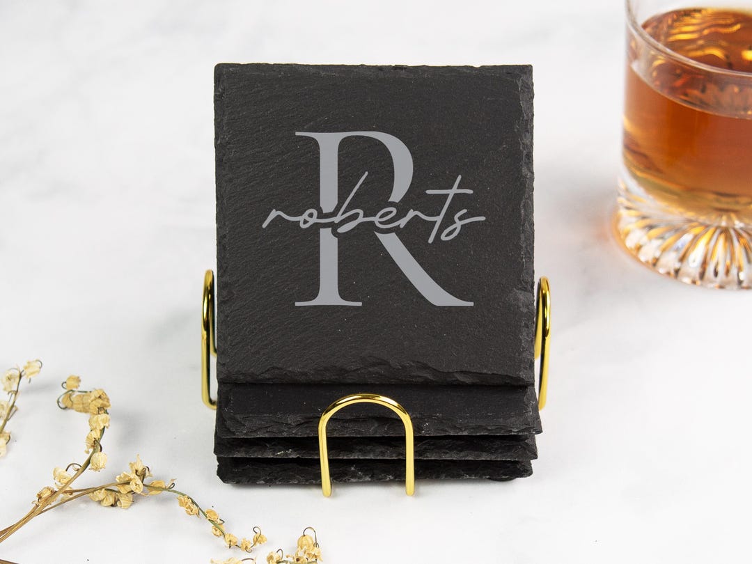 Custom Coasters Set With Holder, Slate Coasters Personalized ...