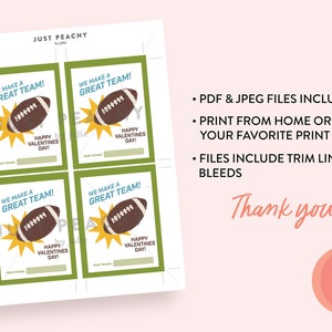 Printable Football Valentine Tag, We Make a Great Team, Sports ...
