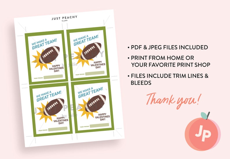 Printable Football Valentine Tag, We Make a Great Team, Sports ...