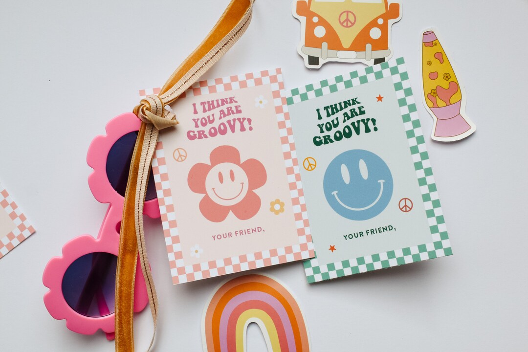 Printable Hippie Groovy Valentine Tag, Retro Smiley Face Valentines for ...