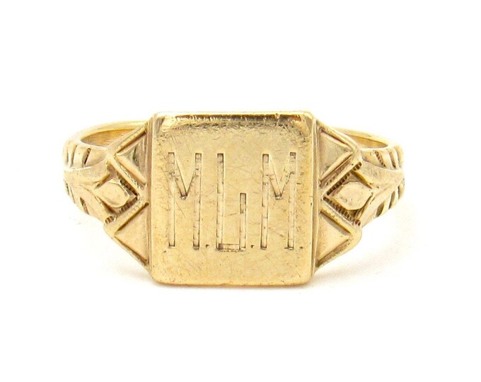 Antique 10K Gold Signet Ring Art Deco Solid Gold Engraved MLM Initials ...