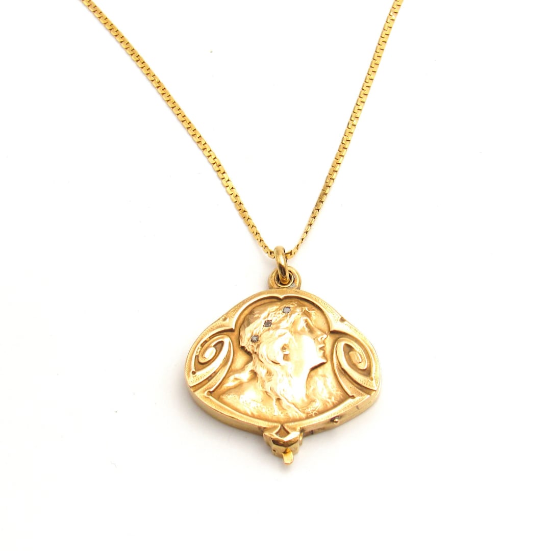 Art Nouveau 14K Gold & Diamond Locket Pendant Necklace Antique Solid ...