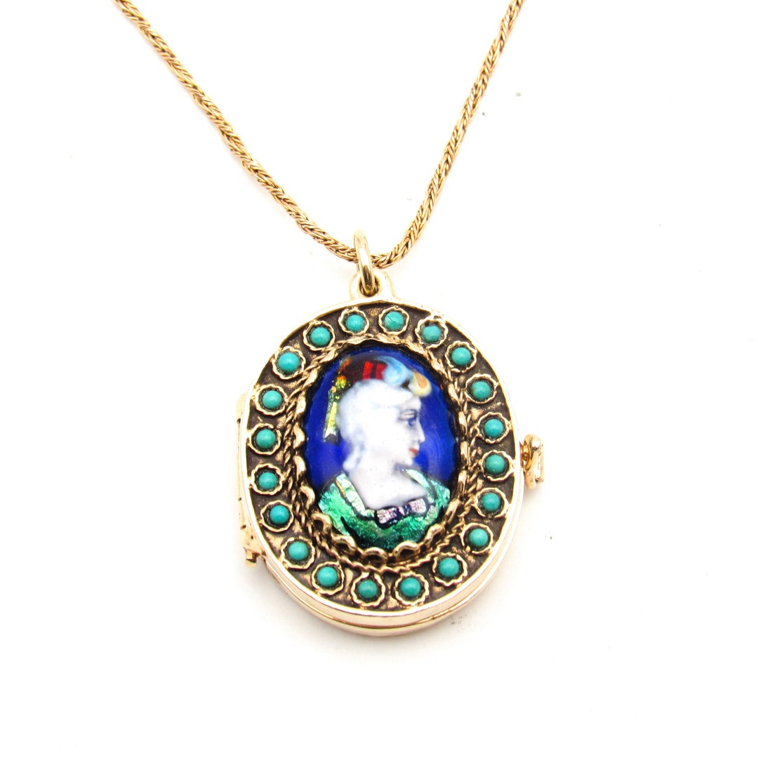 Vintage 14K Gold French Enamel Portrait Locket Necklace | Mid-century ...