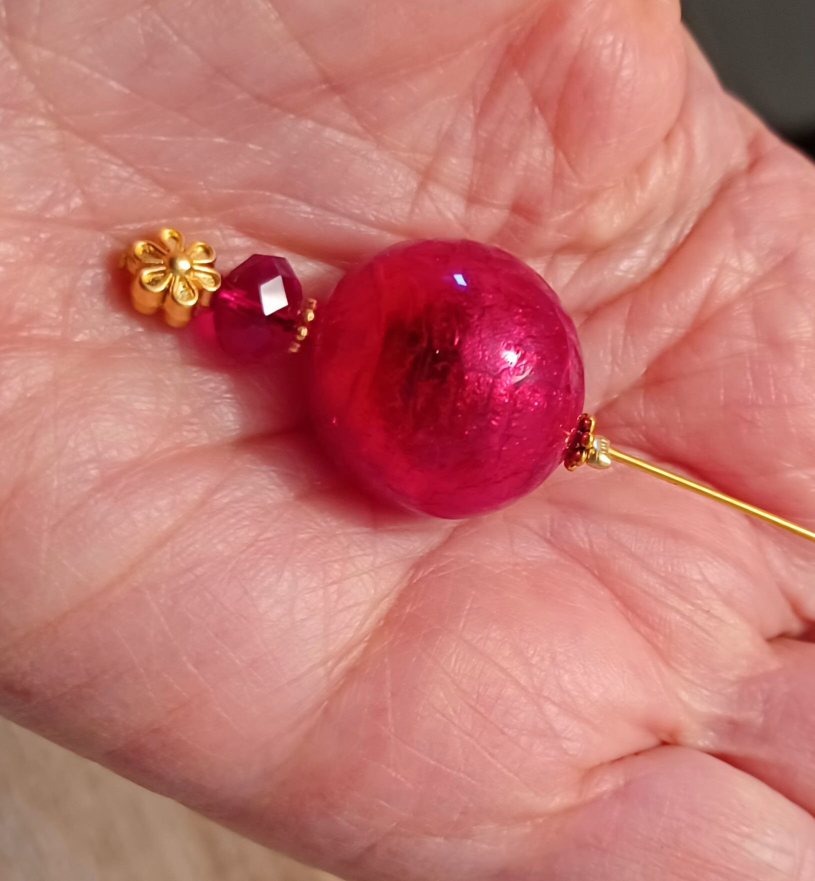 Ruby Red Glass Brooch, Fibula, Round Venetian Bead With Gold Foil ...