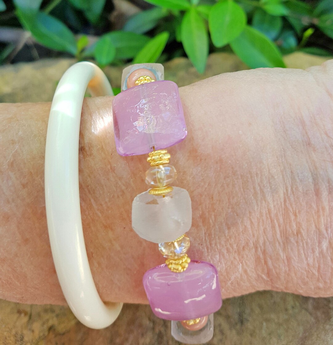 Pulsera de cuentas de vidrio rosa púrpura, cuentas venecianas de color ...