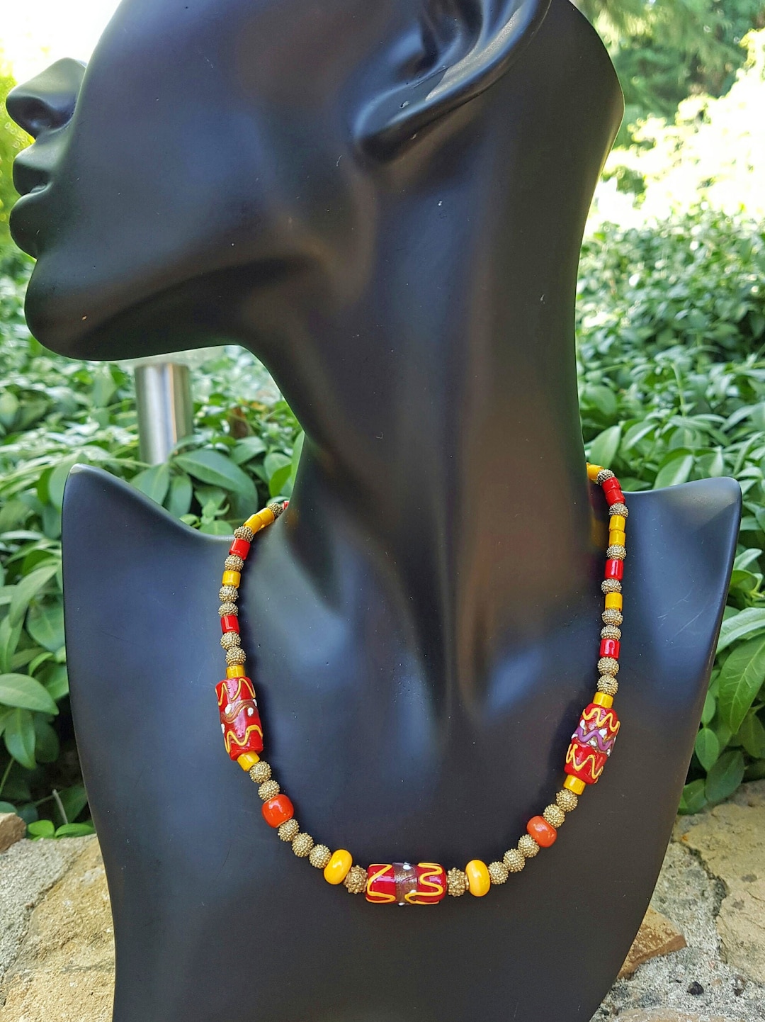 Etnic Style Necklace, Red Tubular Venetian Glass Beads, 1800's, Wedding ...