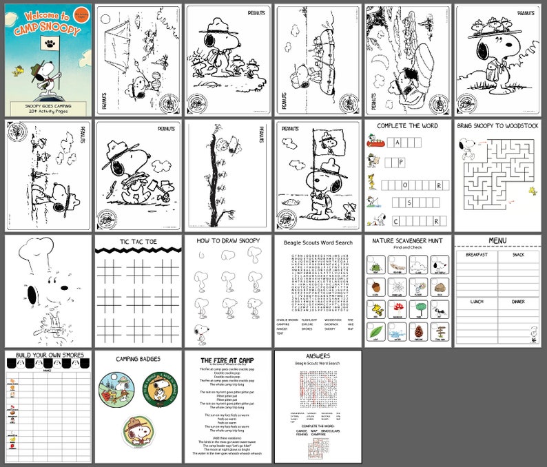 Snoopy Camping Activity Packet / Worksheet 20 Pages of Coloring, Word ...