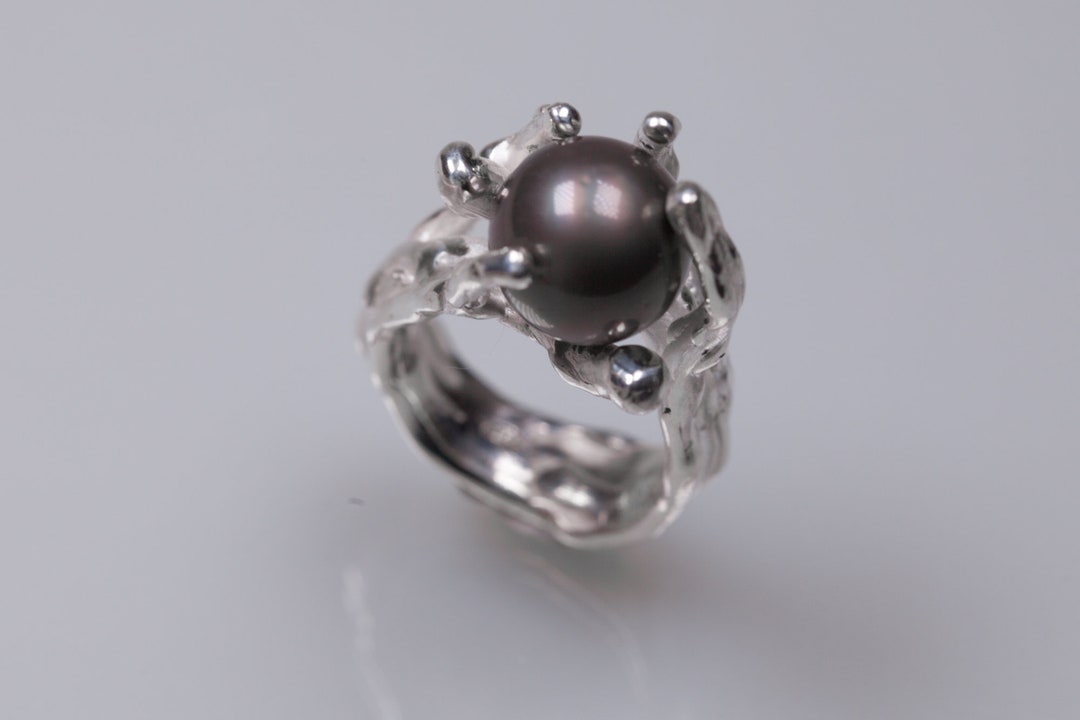 Black Pearl Ring in Sterling Silver, Cook Islands Pearl Ring, Genuine ...