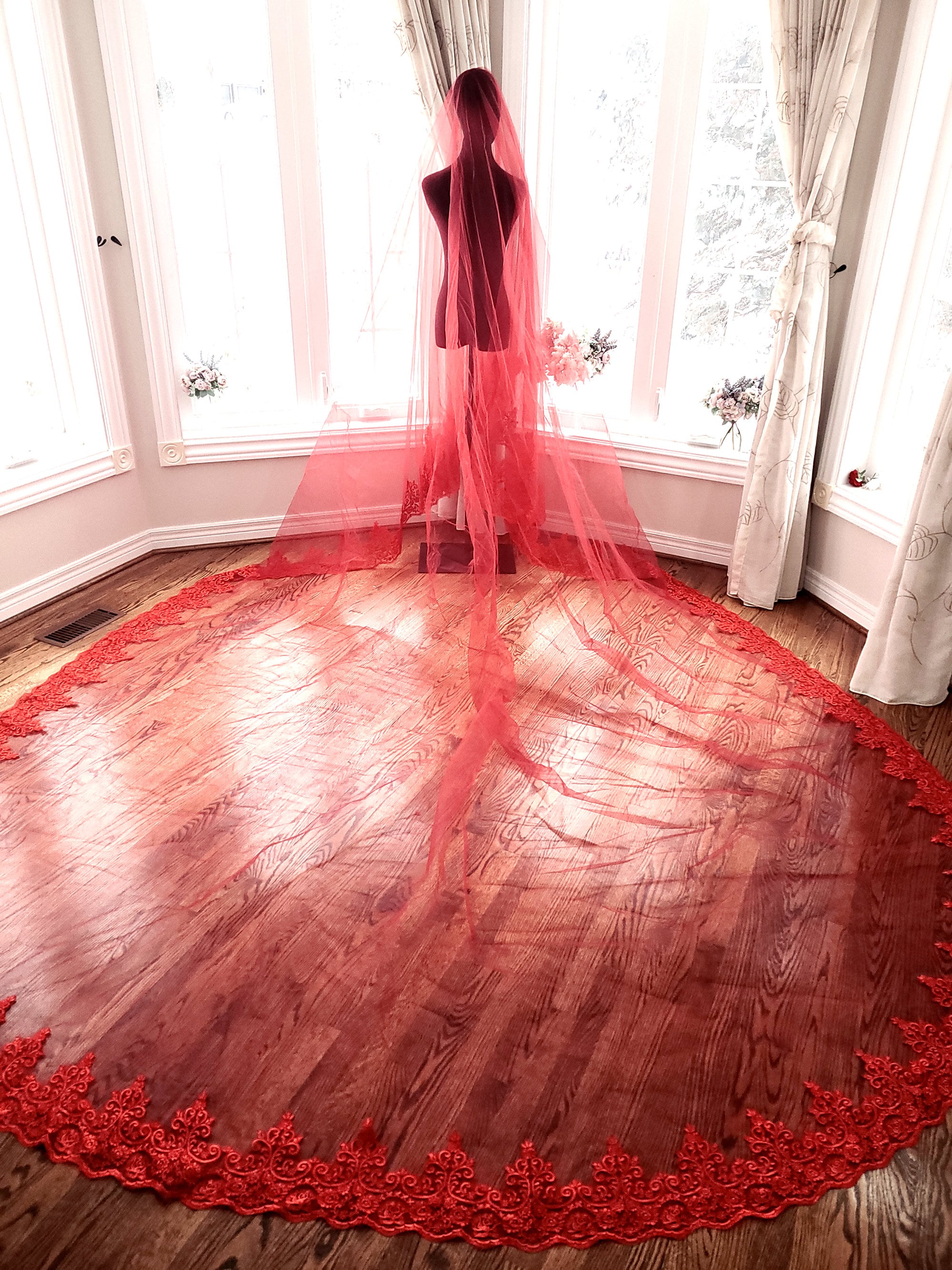 Red Wedding Veil Red Veil Red Cathedral Veil Red Lace Veil - Etsy Canada